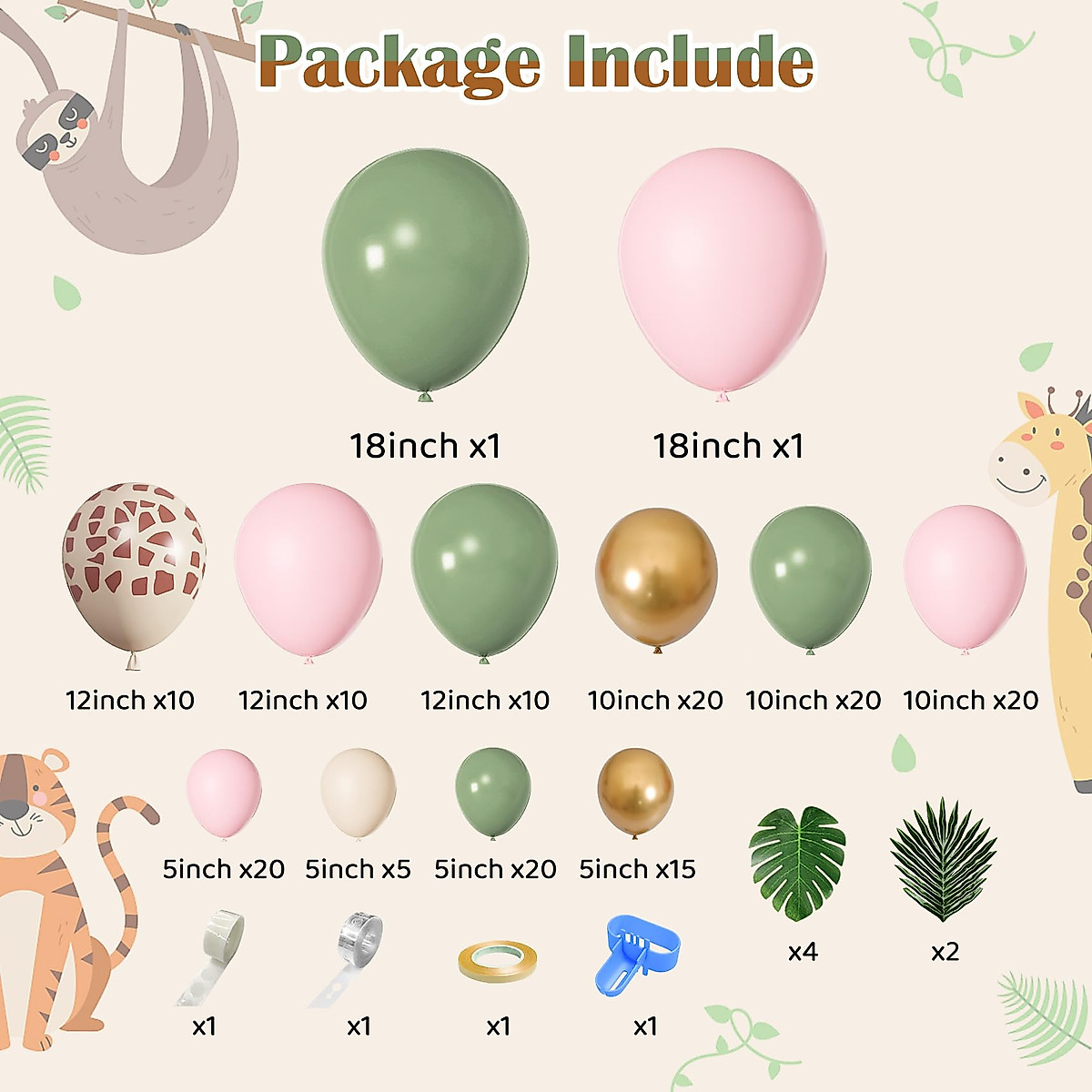 163Pcs Safari Balloon Garland Arch Kit, Animal Print Sage Green Jungle Balloons for Wild One Baby Shower Birthday Decorations Girl Boy Woodland Wedding Bridal Party Supplies