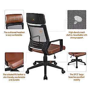 Yaheetech Executive Office Chair, Ergonomic High Back Leather/Mesh Desk Chair with Headrest and Lumbar Support, Swivel Chairs on Wheels/Castors for Home Office, Brown