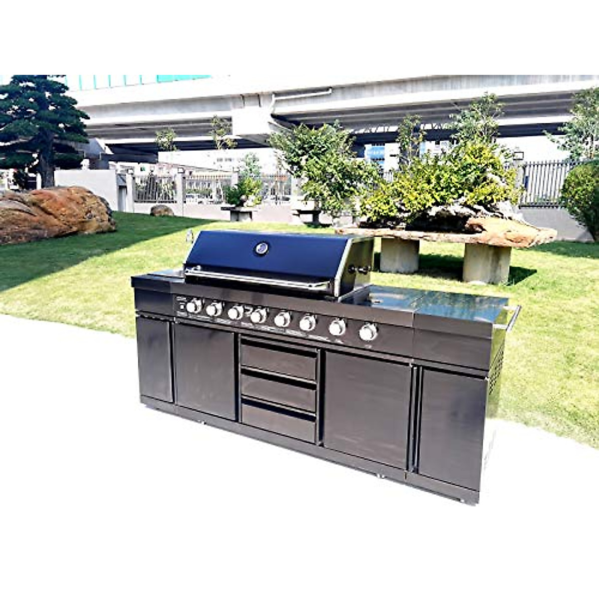 Black Stainless Steel 8 Burner 3 in 1 Island BBQ Outdoor Electric Grill Kitchen, Propane or Natural Gas, with Sink, Side Burner, LED Lights on Knobs, and Free Protective Grill Cover