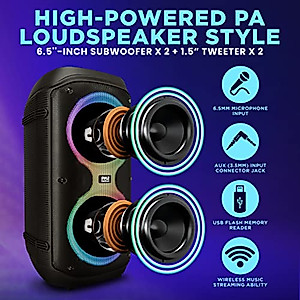 Pyle Party Speaker PPARTY26, PA System W/Double 6.5" Portable Bluetooth Speaker W/Rechargeable Battery, Modern LED Lights, Mic Recording Functions, Echo/Treble/Bass TWS/AUX/MP3/USB/MICRSD/FM