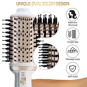 PLAVOGUE Blow Dryer Brush,Hair Dryer Brush Professional Styler Volumizer, Hot Air Brush for Women - Negative Ion Anti-Frizz Oval Brush for Straightening and Curling - Salon (White Gold)