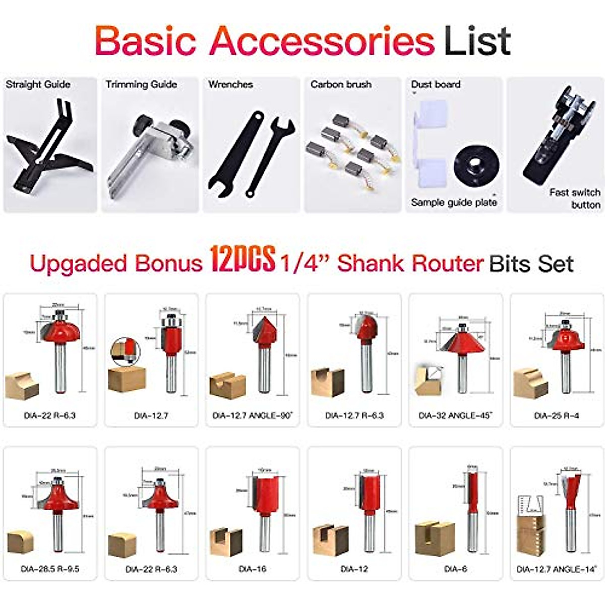 Mootikar Compact Wood Palm Router Tool Hand Trimmer Woodworking Joiner Cutting Palmming Tool 30000R/MIN 800W 110V with 12PCS 1/4" Router Bits