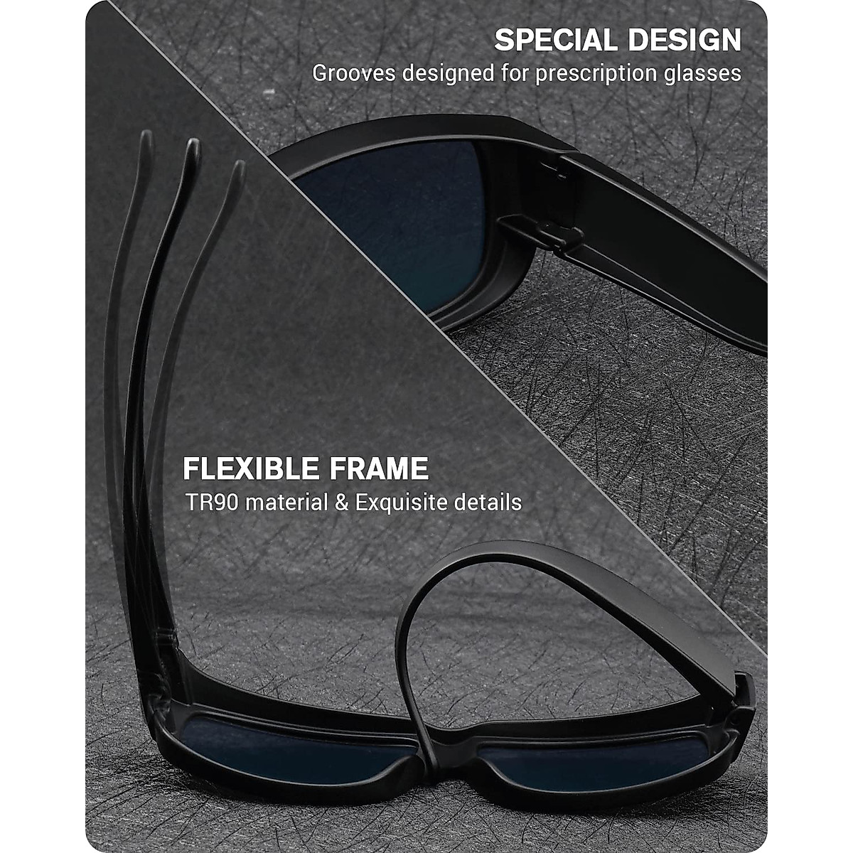 Meeloog Polarized Fit Over Glasses Sunglasses For Men, Rectangle Wrap Around Sun Glasses for Driving Riding Fishing MST0006 (P1 Black Frame/Blue Mirrored Lens)