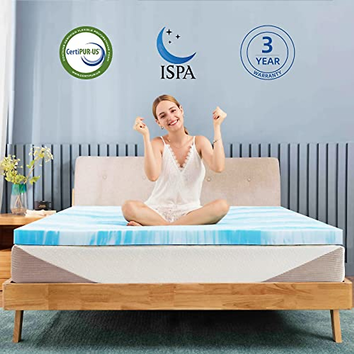 Opoiar 2 Inch Cooling Gel Memory Foam Mattress Topper in a Box, Medium Firm Mattress Topper for Pressure Relief & Temperature Regulation,CertiPUR-US Certified, Blue&White (Twin)