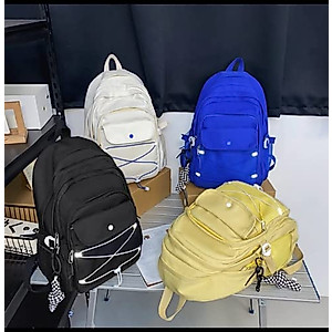 Indie Backpack School Japanese Asthetic Backpack INS Travel Bag Monochrome Backpack with Cute Pendant (yellow)
