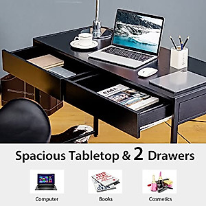 Tangkula Computer Desk with 2 Drawers, Simple Wooden Study Writing Desk with Steel Frame, 44 Inches Laptop PC Workstation, Student Desk Home Office Desk Ideal for Bedroom & Office (Black)