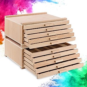 CraftyBook Artist Storage Drawers 2 Pack - 5 Drawer Art Supplies Chest Artist Organizer - Beech Wood Sketch Drawing Supply Storage Box with Removeable Dividers for Pencils, Pens, Paints, and Pastels