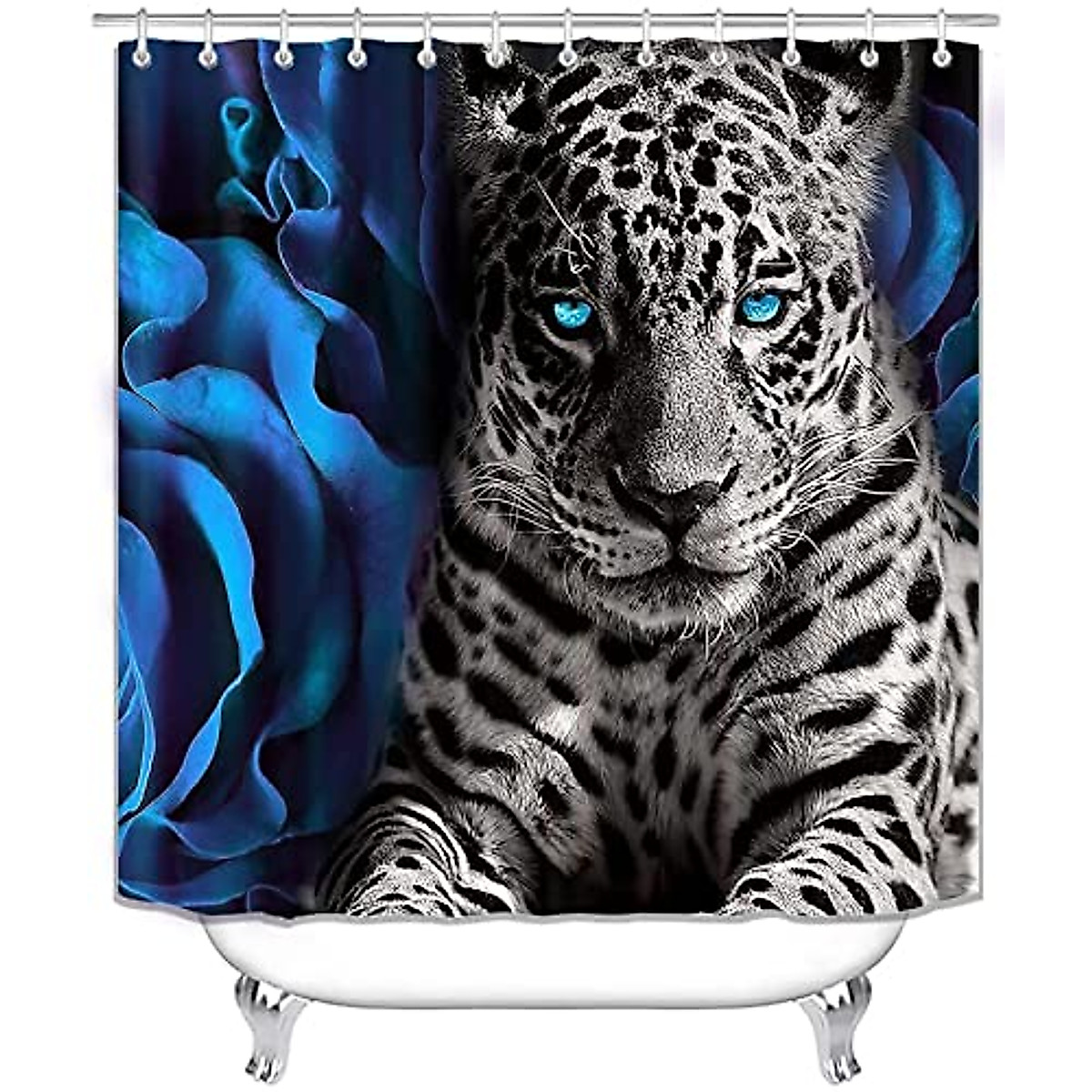 jieprom 4PCS Blue Rose and Leopard Shower Curtain Set with Non-Slip Rugs, Toilet Lid Cover and Bath Mat, Animal Shower Curtain with 12 Hooks, Durable Waterproof Bathroom Decor Set