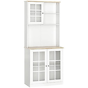HOMCOM Kitchen Buffet with Hutch, Storage Pantry with 3 Cabinets, 2 Open Shelves and Large Countertop, White