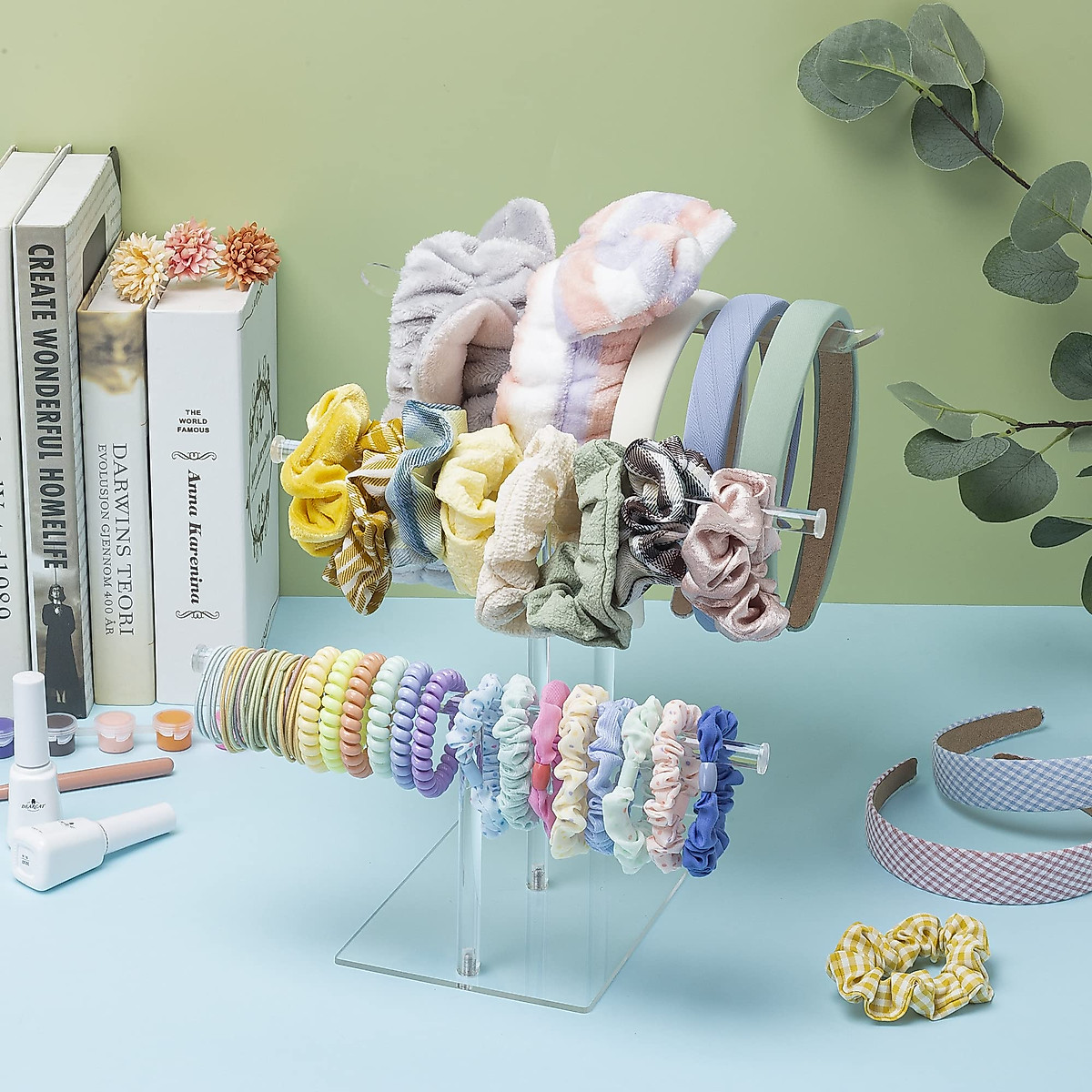 Acrylic Headband Holder Organizer Storage, 3-Tier Clear Scrunchie Holder Stand Hair Accessories Organizer Hair Tie Display Headband Stand for Women and Girls