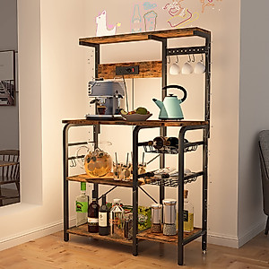 YILFANA Kitchen Bakers Rack with Power Outlet, Bakers Racks for Kitchen with Storage, Microwave Stand with Storage, Kitchen Rack and Shelves with 2 Wire Baskets, 10 S-Hooks, Kitchen Storage Shelves
