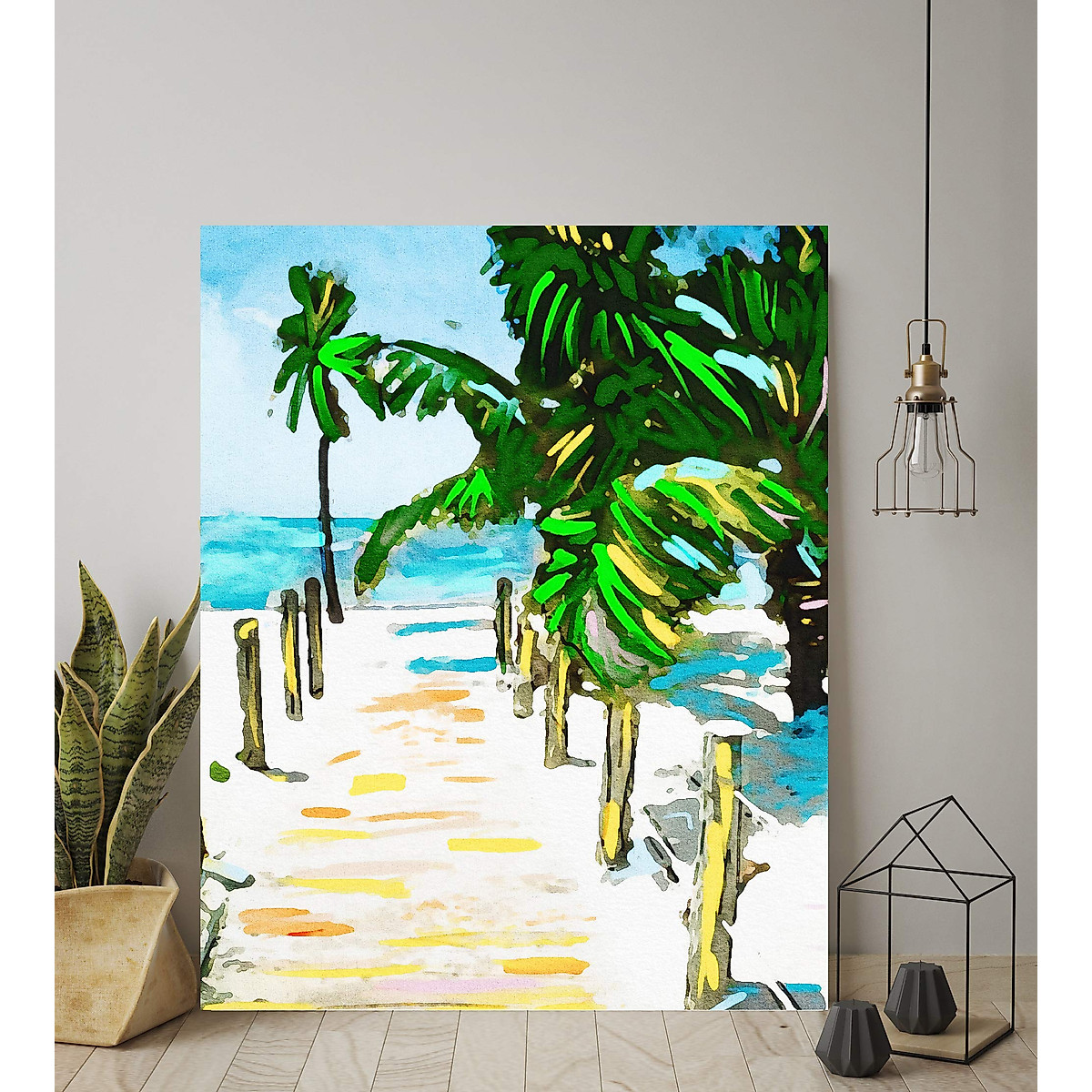 Wall Art Modern Beach Walk Nature Coastal Palm Trees Landscape Watercolor Mix Media Painting Print Art Poster Print Designer Brand