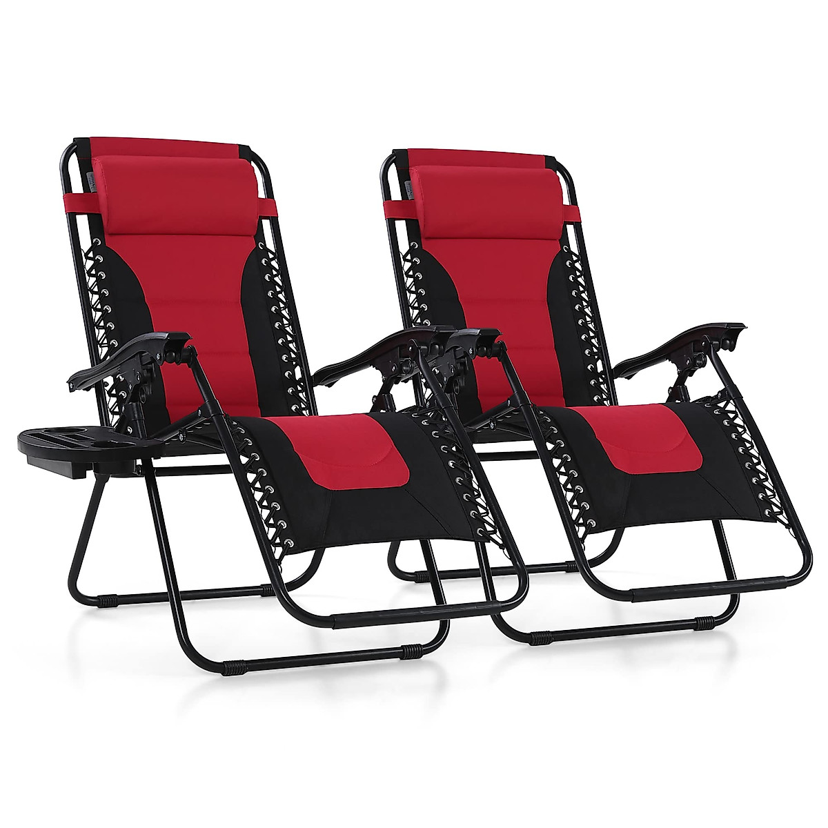 PHI VILLA Set of 2 Padded Zero Gravity Lounge Chair Folding Patio Recliner with Adjustable Headrest & Cup Holder, Support 350 LBS(Red)