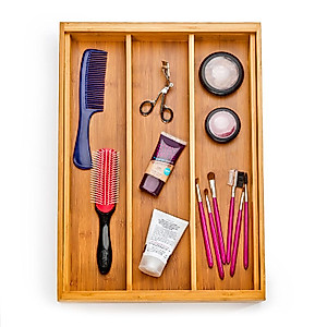 Seville Classics Bamboo Premium Organizer Storage Bins for Kitchen Silverware, Pantry, Closet, Office Desk, Pens, Utensils, Makeup, K Cup, Bamboo, Expandable Tray (5 Compartment)