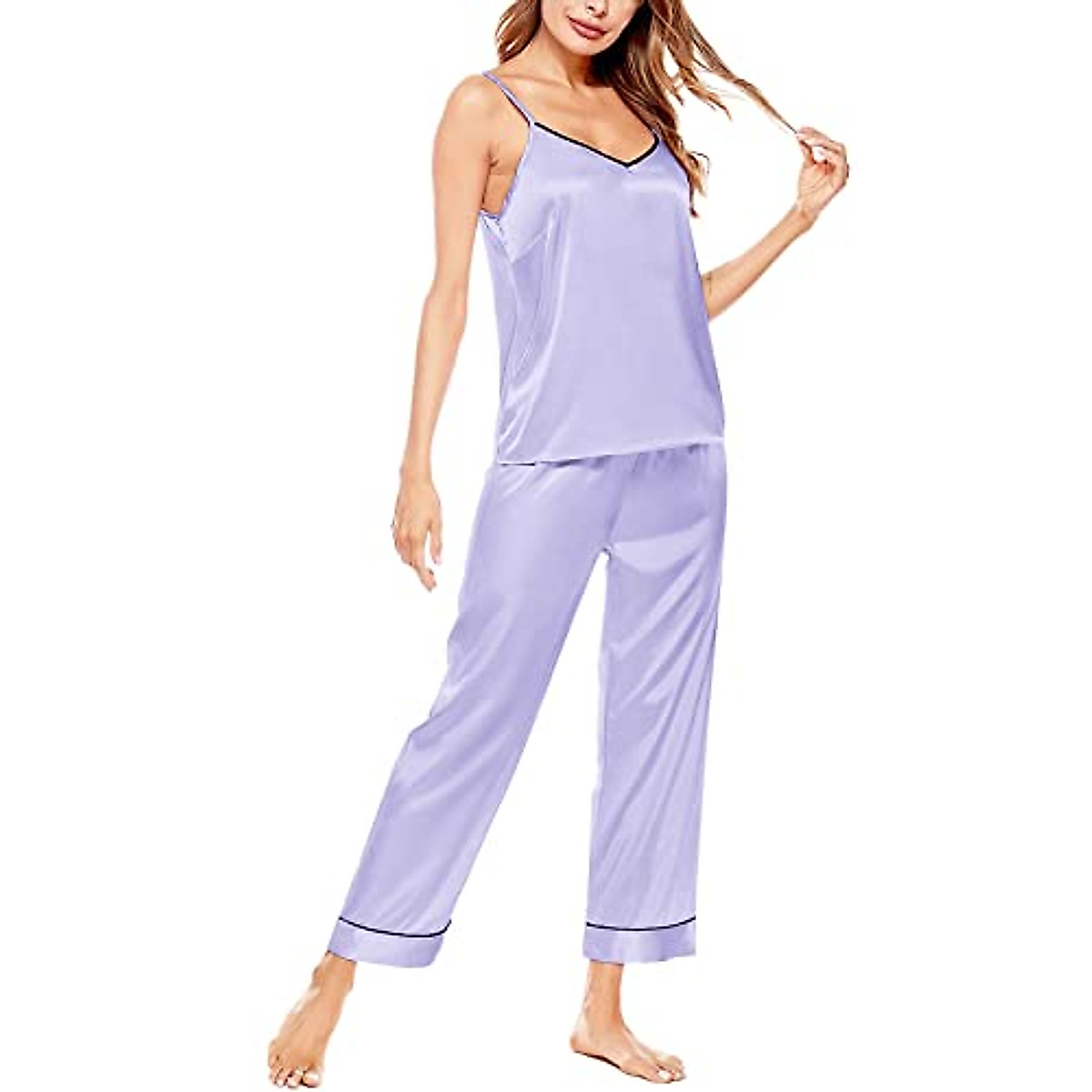 SWOMOG Womens Silk Satin Pajamas Set Two-Piece Pj Sets Cami Top and Capris Pants Sleepwear Lavender