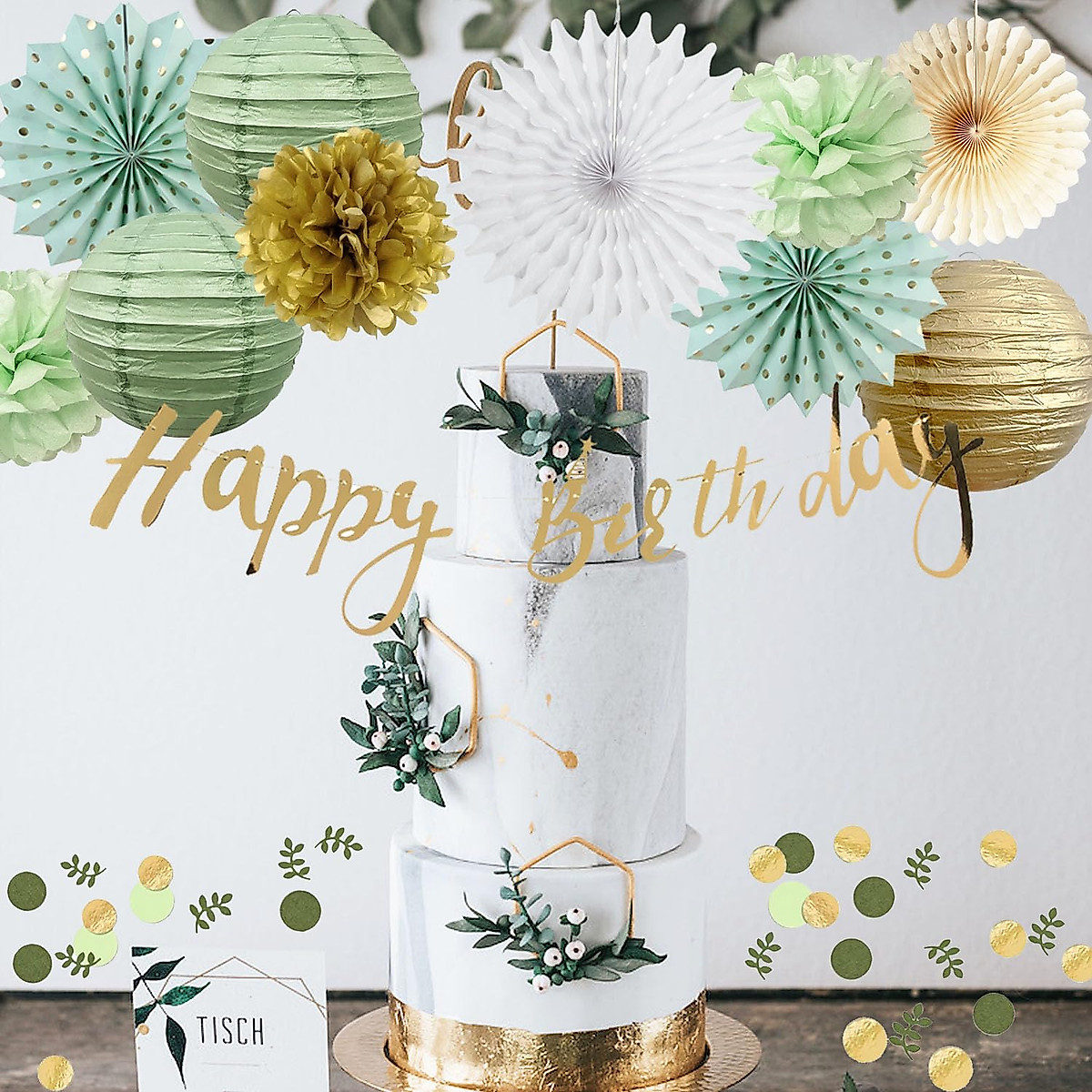 Sage Green Gold Birthday Party Decorations Paper Fans Paper Lanterns Sage Green Gold Scatter Table Decoration for Girls Women Birthday Sage Green Nature Baby Shower Party Decoration