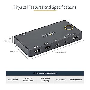 StarTech.com 2 Port Hybrid USB-A + HDMI & USB-C KVM Switch - Single 4K 60Hz HDMI 2.0 Monitor - Compact Desktop and/or Laptop HDMI KVM Switch - USB Bus Powered - Thunderbolt 3 Compatible, TAA