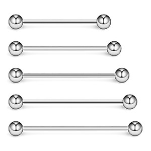 Ruifan 5PCS 16 Gauge Mix Sizes Industrial Barbell Cartilage Earring Body Piercing Jewelry 28mm 32mm 35mm 38mm 40mm - Silver