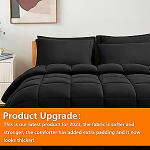 TAIMIT Black Queen Size Comforter Set - 7 Pieces, Bed in a Bag Bedding Sets with All Season Soft Quilted Warm Fluffy Reversible Comforter,Flat Sheet,Fitted Sheet,2 Pillow Shams,2 Pillowcases