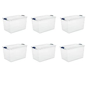 LJING 66 Qt Latch Box Clear Plastic Stackable Storage Bin w/Blue Latching Lid Organizing Solution, Set of 6