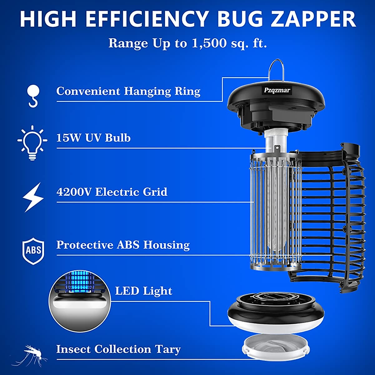 Pzqzmar Bug Zapper Outdoor with LED Light, Waterproof Mosquito Zapper, Electric Fly Zapper, Mosquito Killer & Fly Traps for Outside, Patio, Porch, Backyard, Garden