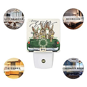 LED Night Light, Plug-in, Dusk to Dawn Sensor, Easter Green Truck Pull Rabbits Eucalyptus Leaves Wreath Decorative Nightlight for Bedroom, Bathroom, Nursery, Hallway, Kitchen, Stairs, Kids Room