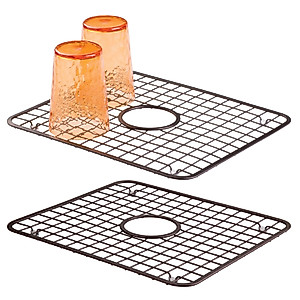 mDesign Modern Kitchen Sink Metal Dish Drying Rack/Mat with Center Drain Hole - Steel Wire Grid Design - Allows Wine Glasses, Mugs, Bowls and Dishes to Drain in Sink - 2 Pack - Bronze