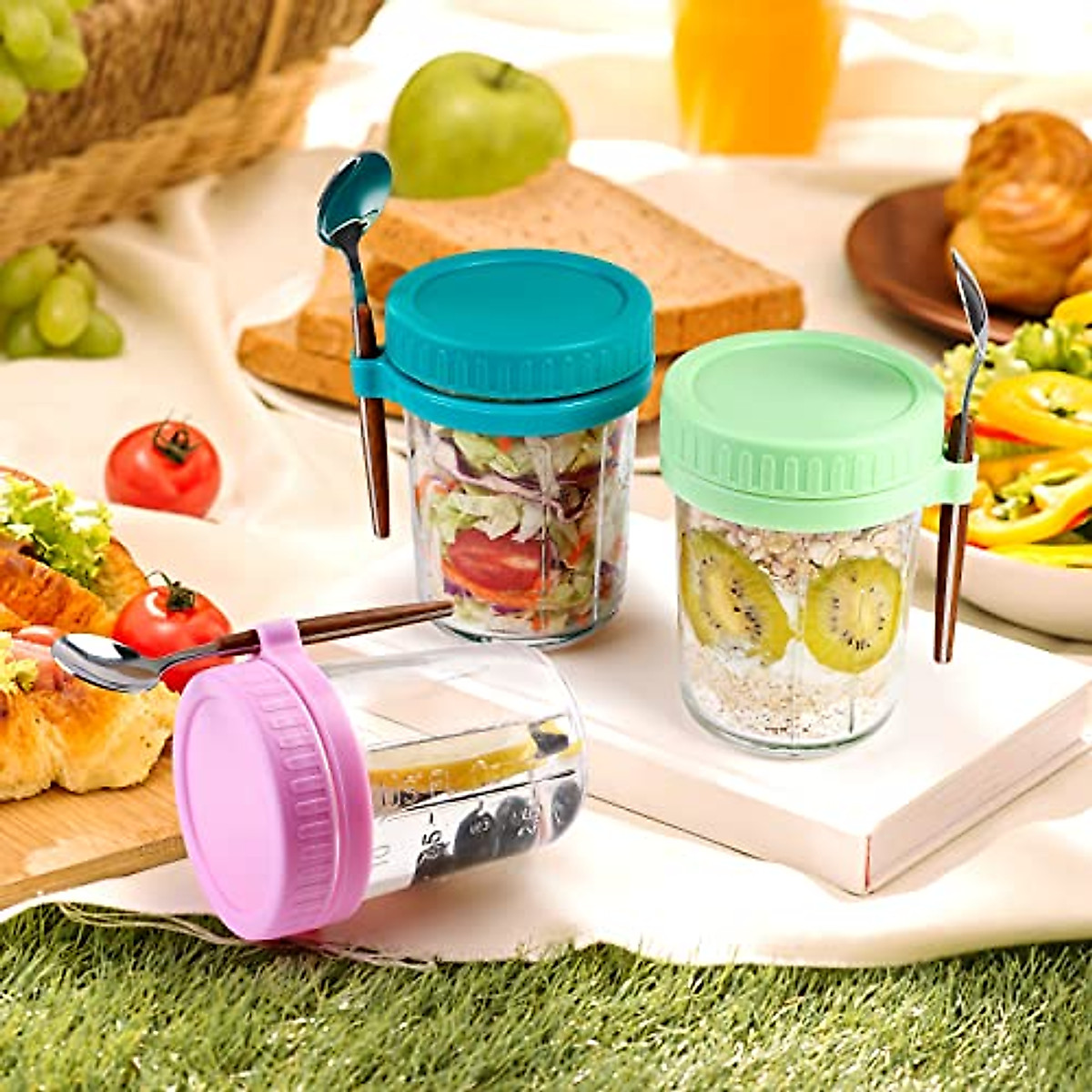 SUREHOME Overnight Oats Containers with Lids And Spoon, 4 Pack Glass Mason Jars for Overnight Oats Oatmeal Container to Go 16 Oz Meal Prep Jars with Measurement Scale for Pudding Milk Cereal Salad