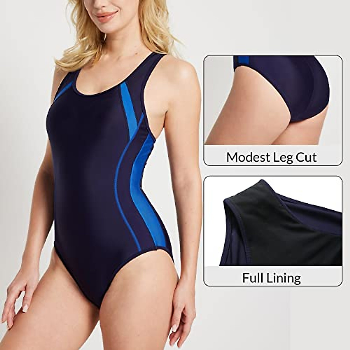 BALEAF Women's Athletic One Piece Swimsuits Lap Swimming Racerback Bathing Suit Competitive Training Swimwear Dark Blue 40