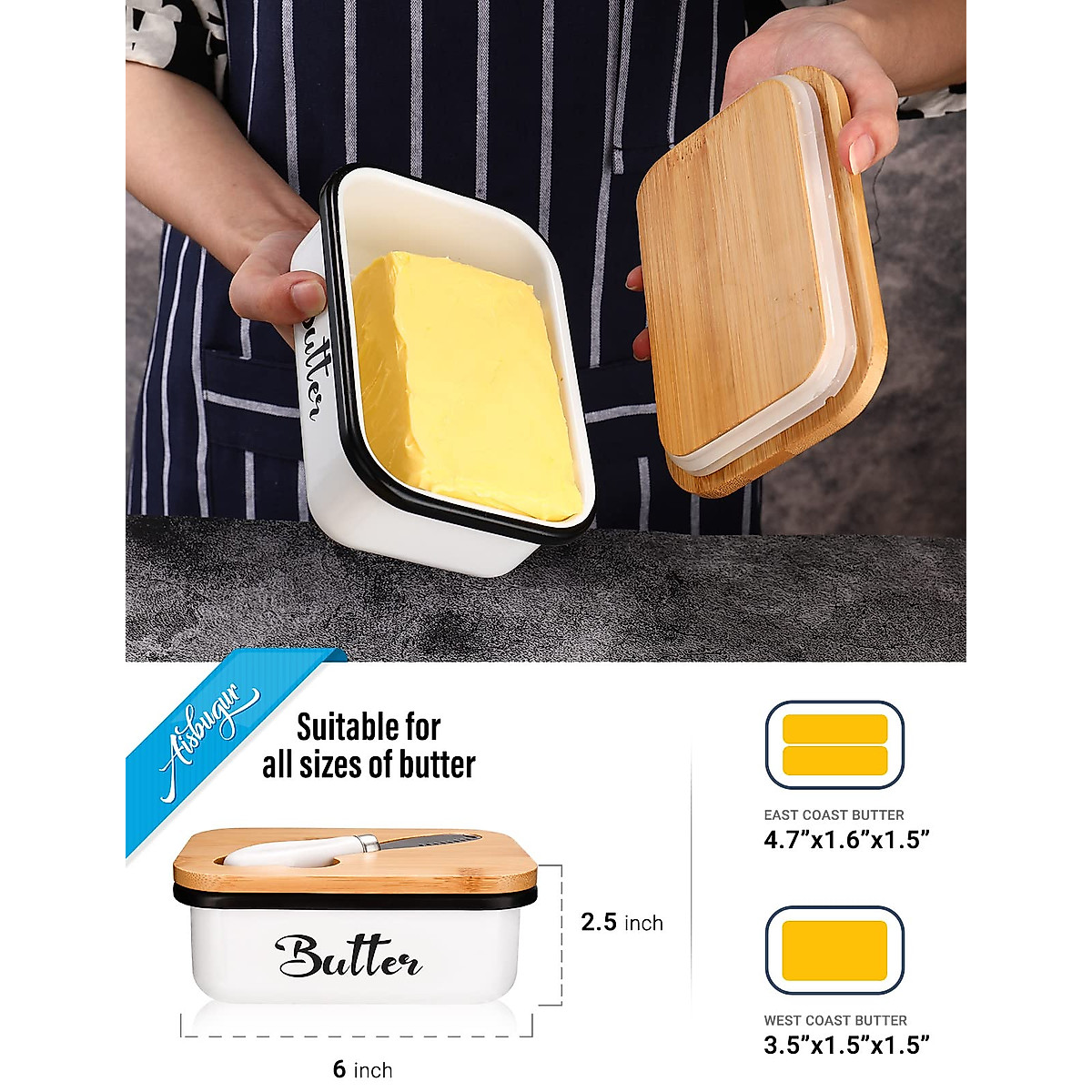AISBUGUR Large Butter Dish with Lid for Countertop, Metal Butter Keeper with Stainless Steel Multipurpose Butter Knife, Butter Container with Double High-quality Silicone Good Kitchen Gift White