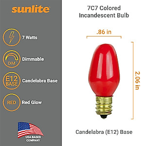 Sunlite 01275 7C7 Incandescent Bulb, 7 Watt, Candelabra E12 Base, C7 Small Night Light, Colored Bulb, Red, 25 Count