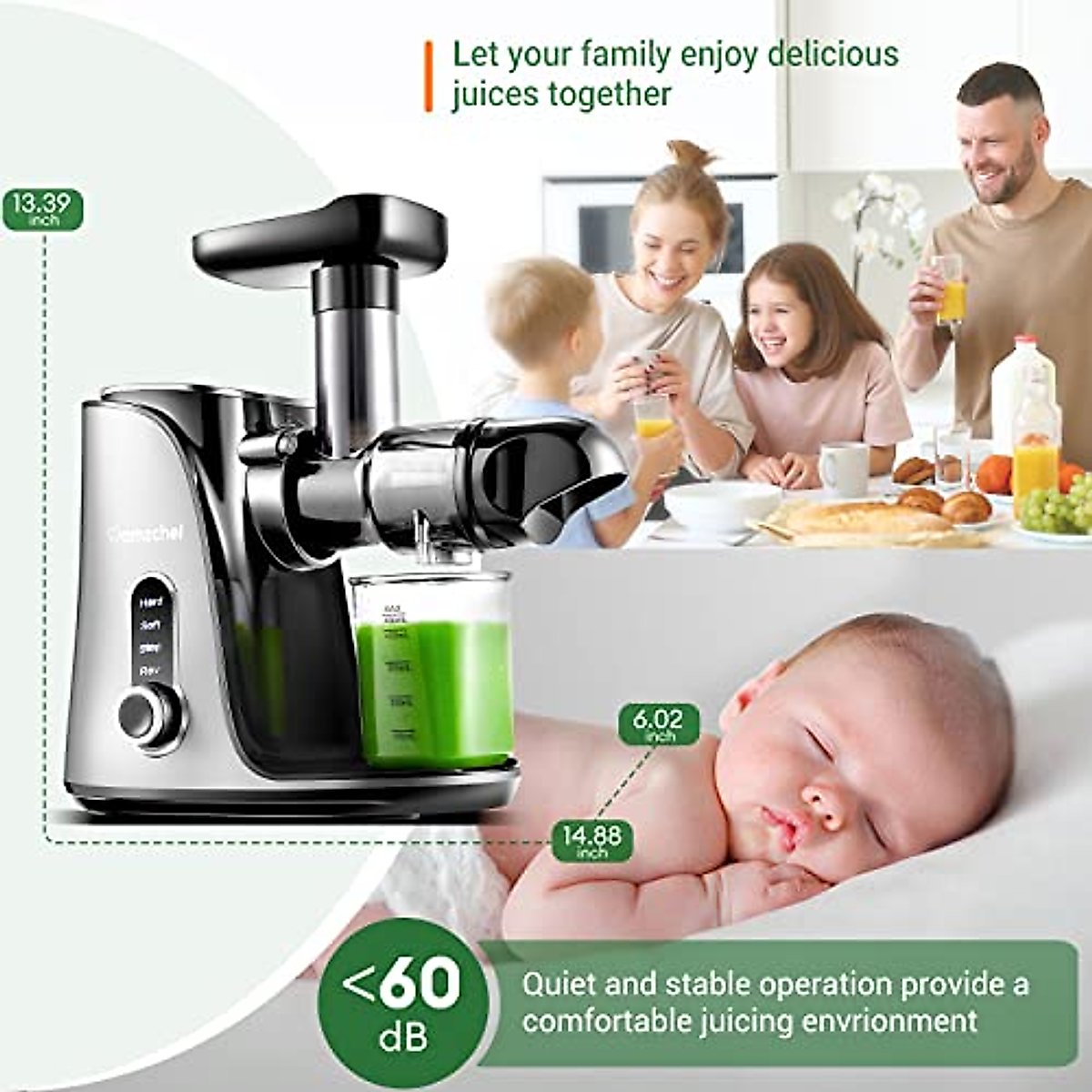 Juicer Machines,AMZCHEF Slow Masticating Juicer Extractor, Cold Press Juicer with Two Speed Modes, Travel bottle(500ML),LED display, Easy to Clean Brush & Quiet Motor for Vegetables&Fruits,Gray