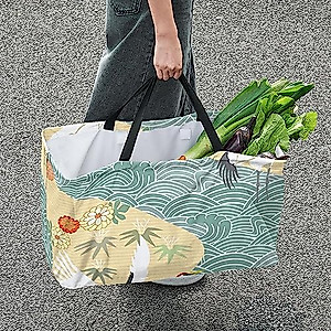 KQNZT Reusable Grocery Bags, Heavy Duty Reusable Shopping Bags, Large Tote Bags with Long Handles and Reinforced Bottom, Japanese Style Wave Crane