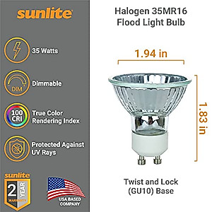 Sunlite MR16 Halogen Reflector Bulb, 35 Watt, 38° Flood, 120 Volt, 2000 Hour Life Span, Dimmable, GU10 Base, Cover Guard, 3200, ANSI FMW, Ceiling Fixtures, Track Lighting 6-Pack.