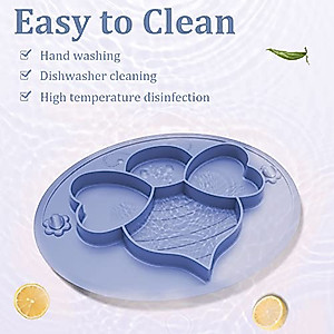 Toddler Plates with Suction - Silicone Cute Bee Baby Divided Plate - Self Feeding Kid Dish for Tables Highchairs Trays - Dishwasher and Microwave Safe (Dark Blue)