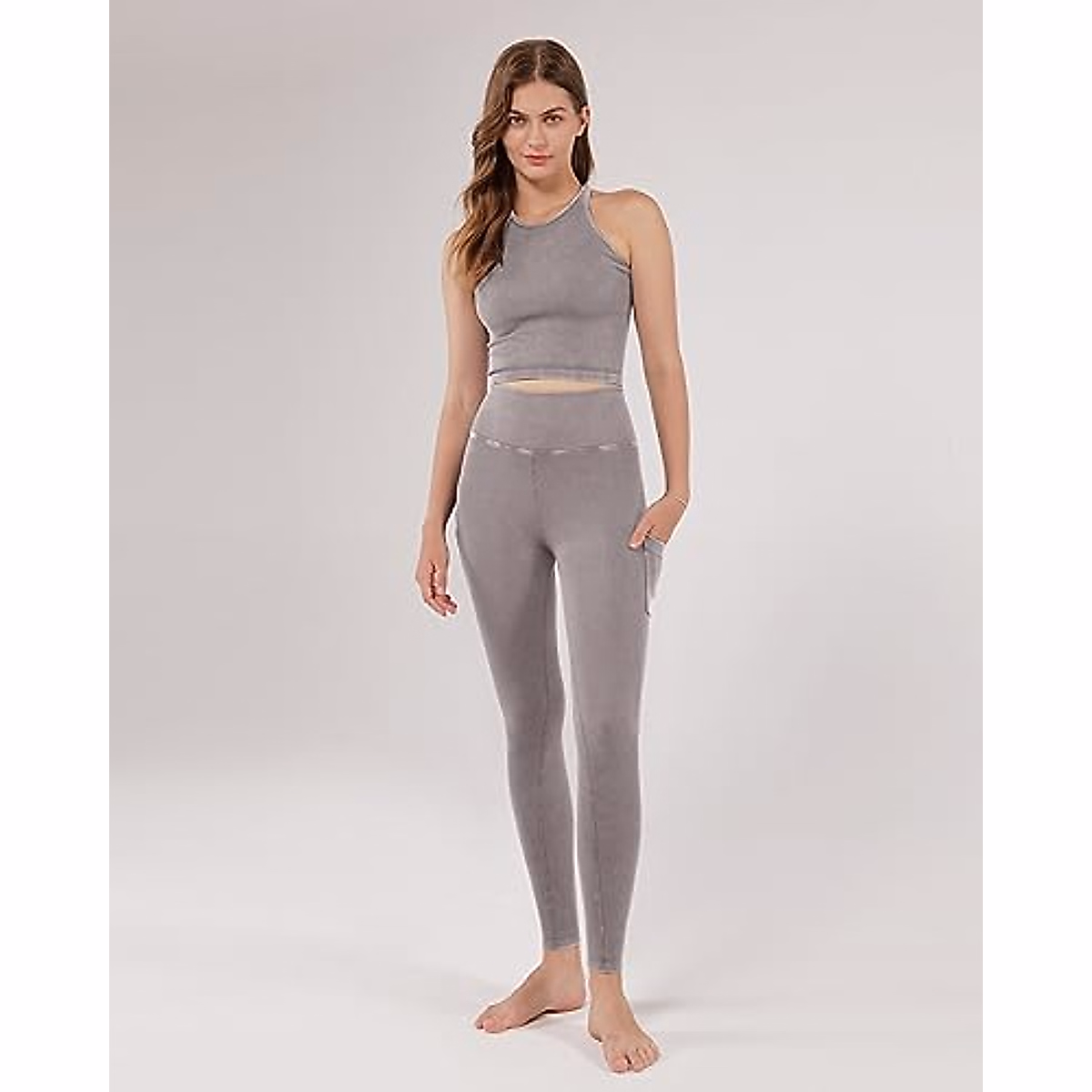 ODODOS Seamless Leggings for Women with Pockets High Waisted Acid Washed Ribbed Gym Workout Full Length Yoga Pants, Dusty Orchid, Medium