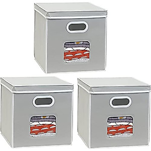 Simple Houseware 3-Pack 12-Inch Clear Window Cube Storage Bin with Lid, Grey