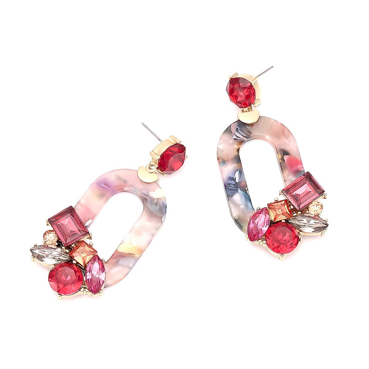 BSJELL Resin Acetate Dangle Earrings Large Statement Acrylic Textured Mottled Earrings Bohemian Crystal Multicolor Oval Drop Earrings Fashion Jewelry for women