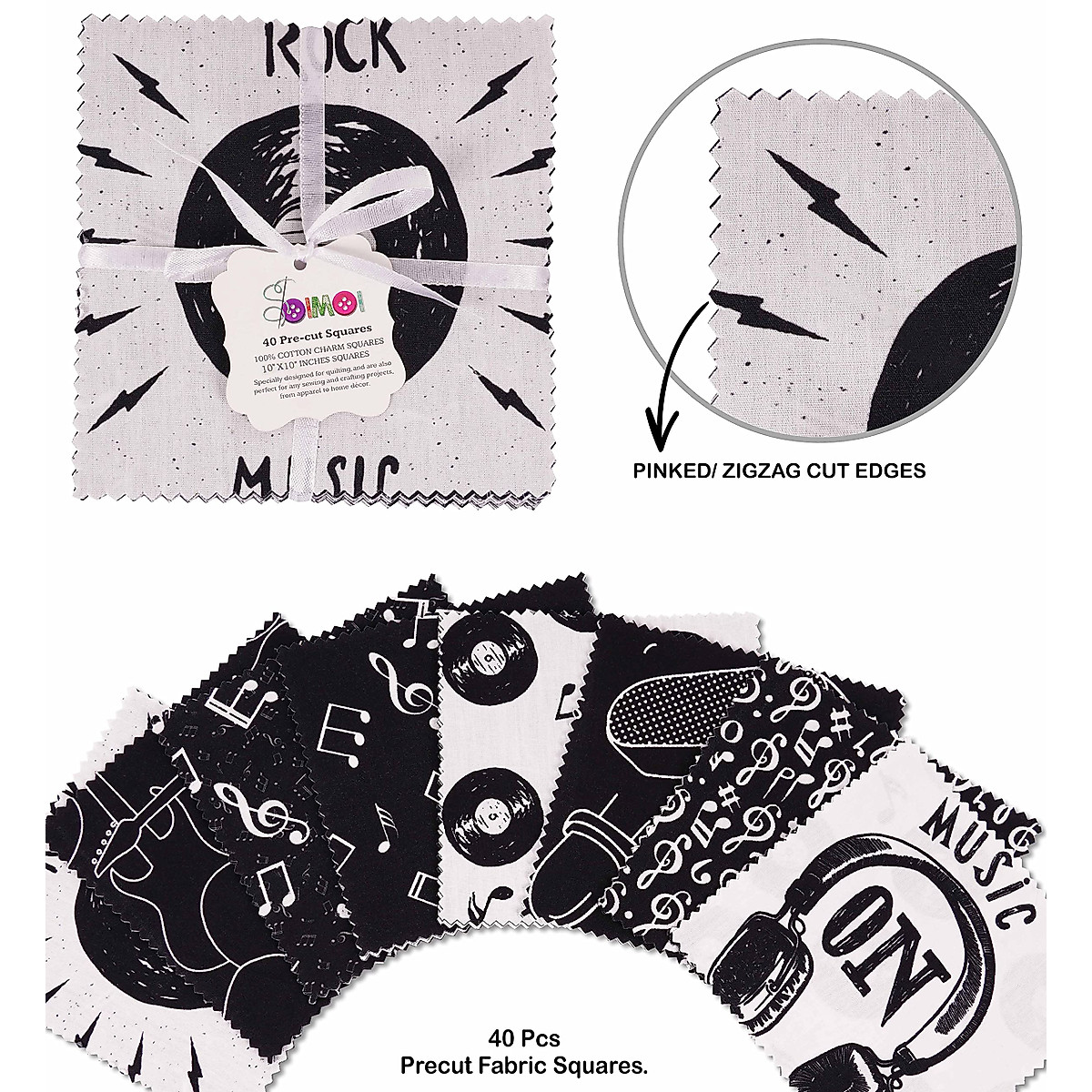 Soimoi Precut 10-inch Rock Music Prints Cotton Fabric Bundle Quilting Squares Charm Pack DIY Patchwork Sewing Craft- White & Black