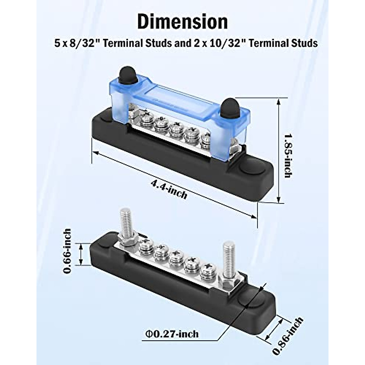 LENKRAD Bus Bar 12V 2 x 10/32” Studs and 5 x 8/32” Screw Terminals, Power Distribution Block with Ring Terminals 100 Amp Rating, 12V - 48V Positive & Negative for Automotive Car Boat Solar System