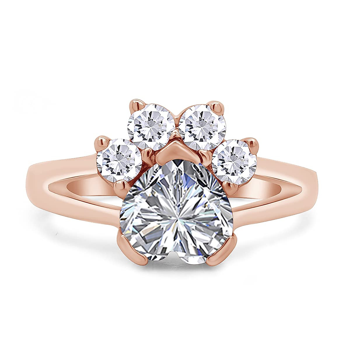 Wishrocks Heart & Round Cut White Cubic Zirconia Paw Print Ring Jewelry For Women In 14k Rose Gold Over Sterling Silver Ring Size- 6.5