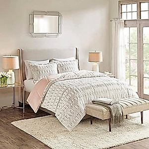Madison Park Soft Plush Comforter Long Faux Fur Design, Mid Century, Modern All Season Down Alternative Bedding Set with Matching Sham, Full/Queen, Gia, Natural/Blush 3 Piece