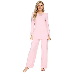 WiWi Viscose from Bamboo Pajamas Sets for Women Long Sleeve Sleepwear Soft V Neck Top with Pants Plus Size Pjs S-4X, Pink, X-Large