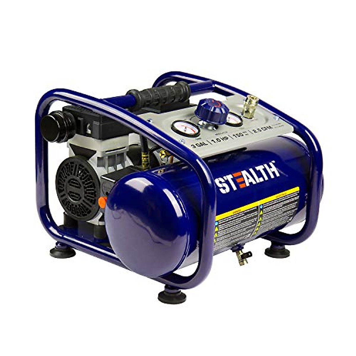 Stealth Portable Ultra Quiet 3 Gallon 1 Horsepower Oil-Free Pump Air Compressor 2.5 CFM @ 90 PSI Electric Air Compressor, Max 150 PSI Portable Air Compressor for Garage Innovation Work SAQ-1301 Blue