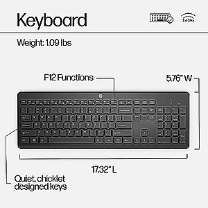 HP 230 Wireless Mouse and Keyboard Combo - 2.4GHz Wireless Connection - Long Battery Life - Durable & Low-Noise Design - Windows & Mac OS - Adjustable 1600 DPI - Numeric Keypad (18H24AA#ABA)