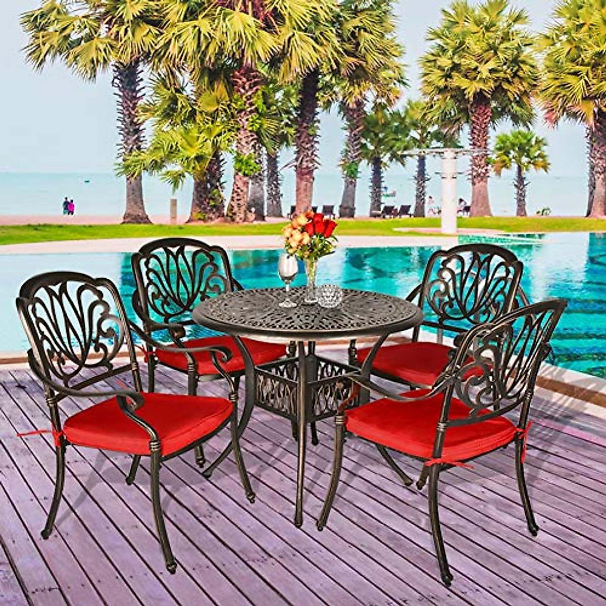 TITIMO 5 Piece All-Weather Cast Aluminum Outdoor Patio Deck Dining Set w/Round Table and 4 Chairs, Red Cushions, Umbrella Hole - Deep Bronze
