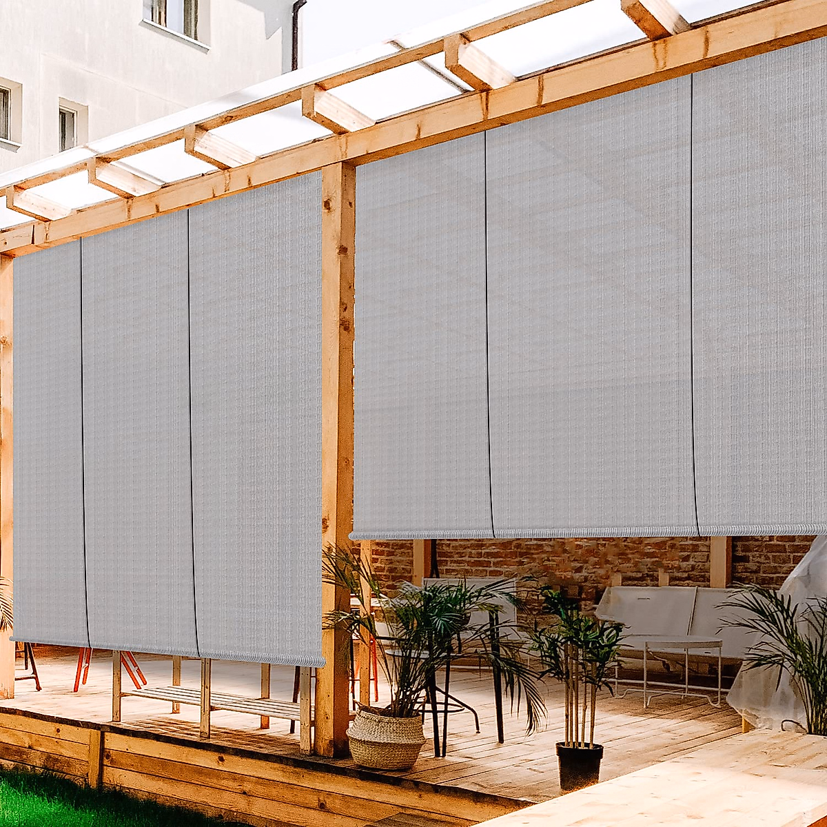 FLORALEAF Outdoor Roller Shades 7'W x 6'H Window Blinds for Porch Screen Deck Pergola Patio Balcony Gazebo Privacy Sunshade Roll Up Outdoor, Light Grey