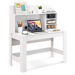 Giantex White Computer Desk with Bookshelf, 48" Home Office Writing Desk with Anti-Tipping Kits & Cable Management Hole, Modern Study Table Workstation for Small Space Bedroom