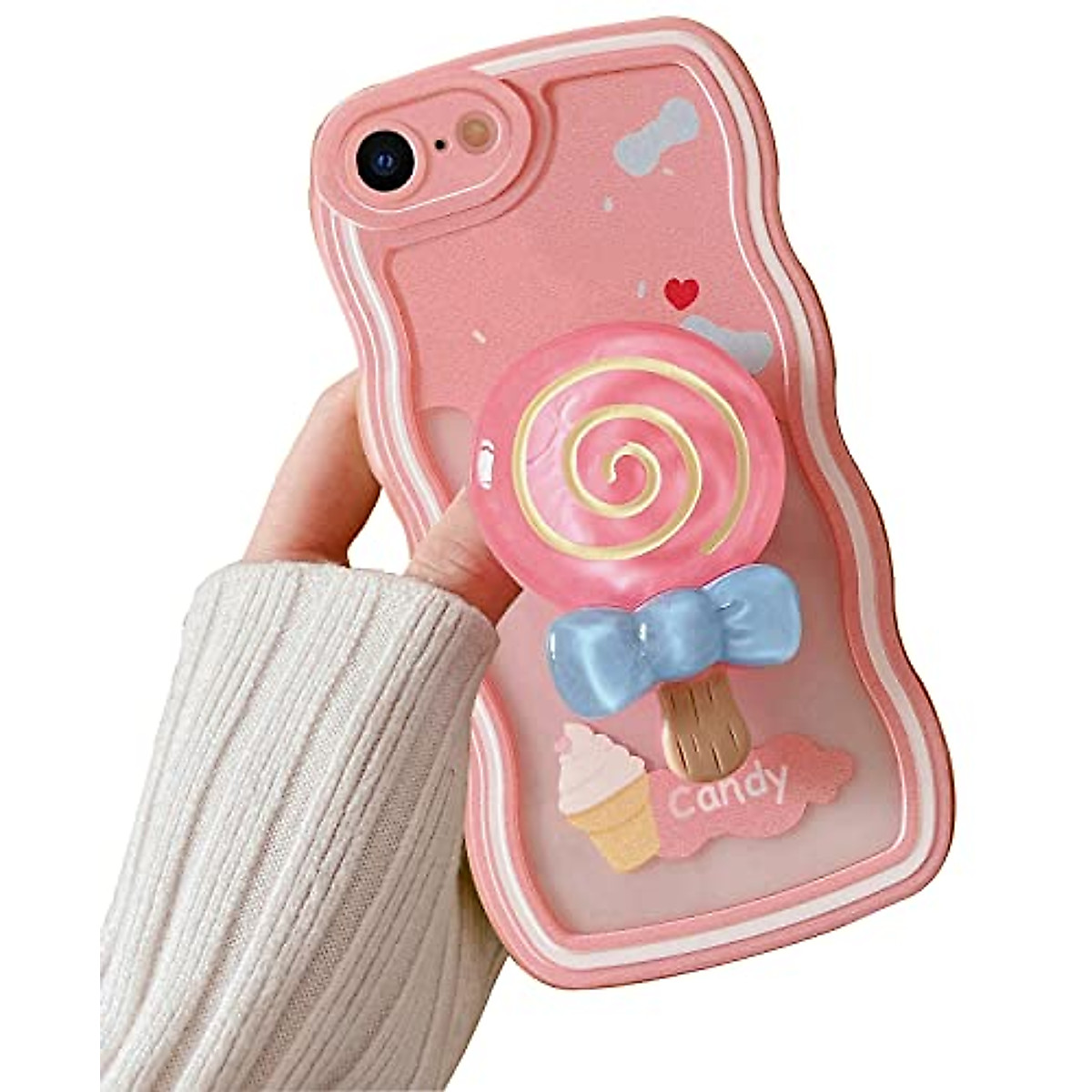 KUMTZO iPhone SE 2022/2020 Case,iPhone 8/7 Case, Cute Cream Print Clear Soft TPU Case with Candy Ring Kickstand Camera Protection Shockproof Cover for Women Girls with iPhone 7/8 4.7 inch (Pink)