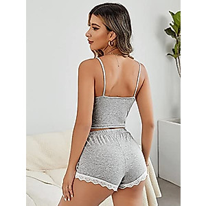 Milumia Women's Sexy 2 Pieces Pajama Set Sleeveless Lace Trim Crop Cami Top and Shorts Sleep Set Sleepwear A Grey